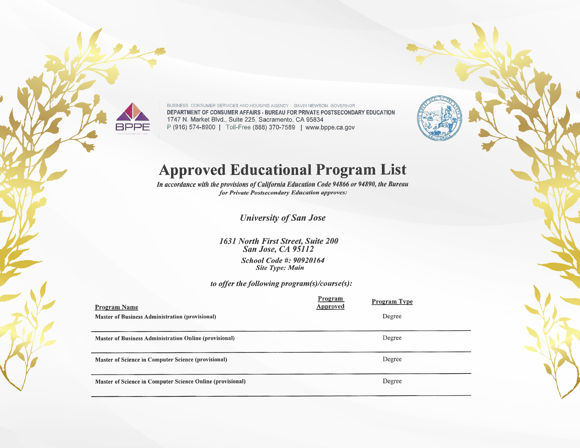 University of San Jose Receives BPPE Approval for Online MBA and MSCS ...